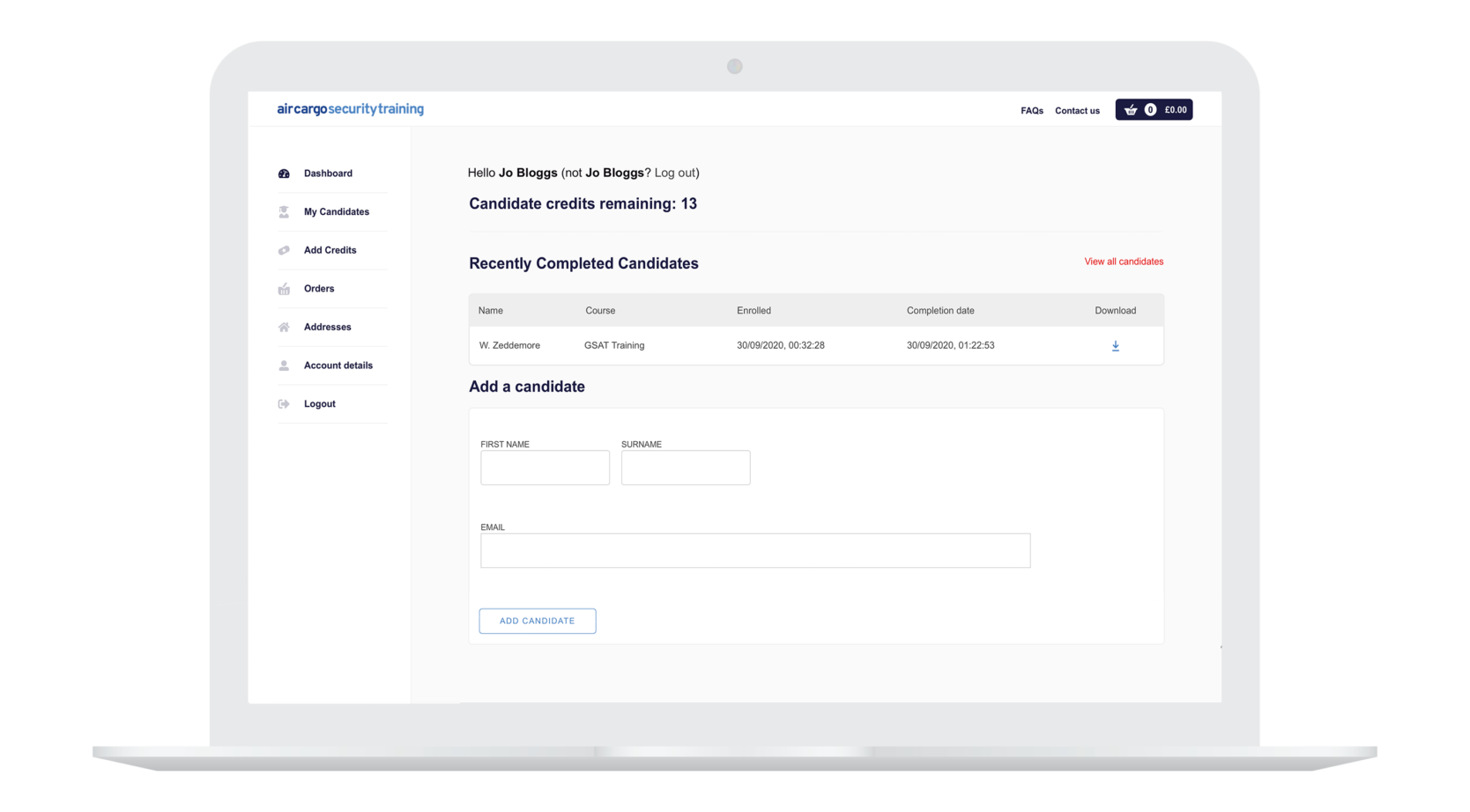 How do I add a candidate to their course - Air Cargo Security Training