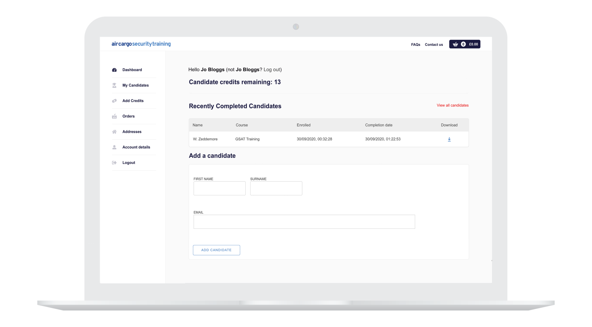 How do I add a candidate to their course - Air Cargo Security Training